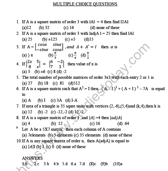 CBSE Class 12 Mathematics Matrices And Determinants MCQs Multiple